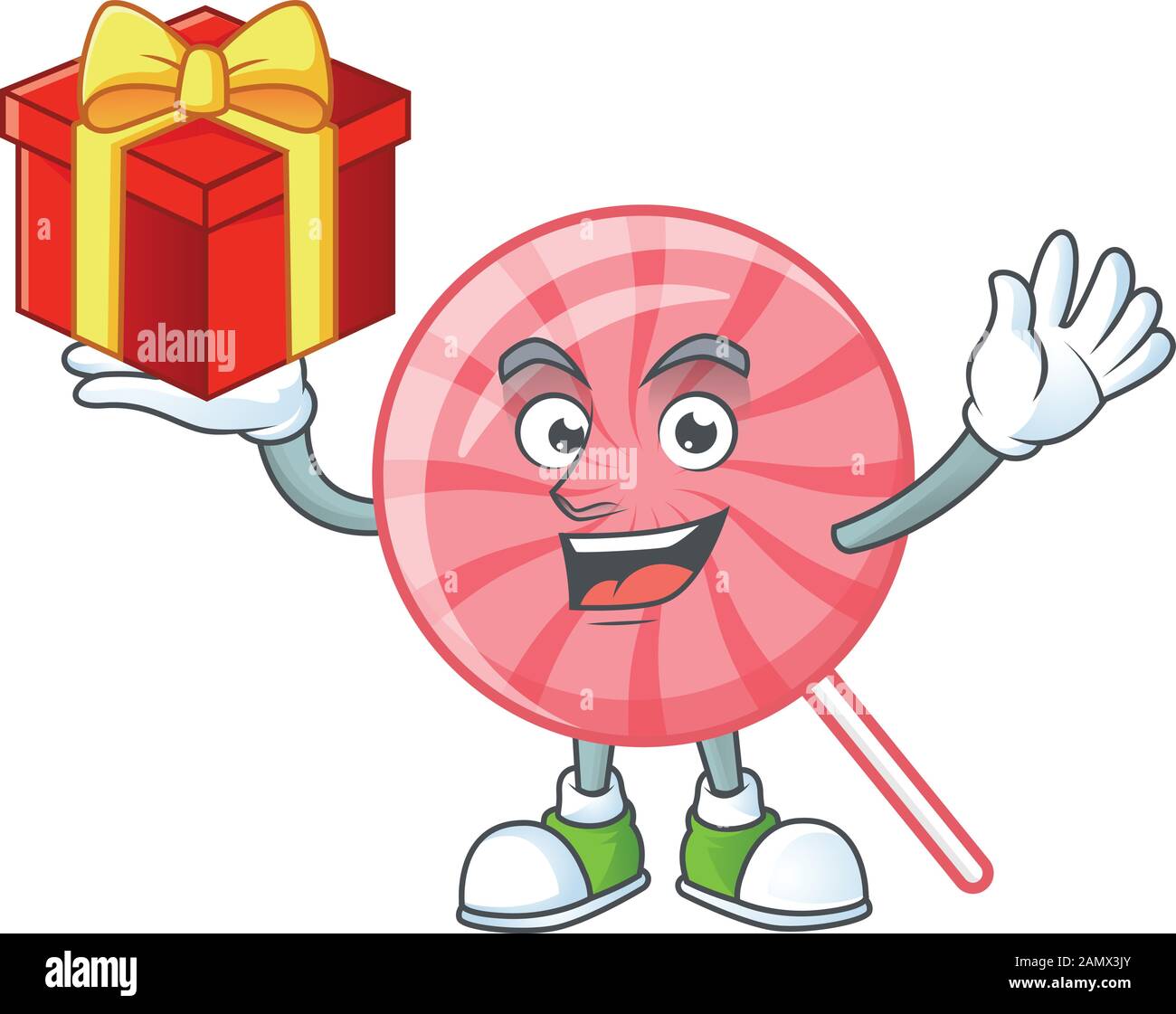 Happy face pink round lollipop cartoon character having a box of gift ...