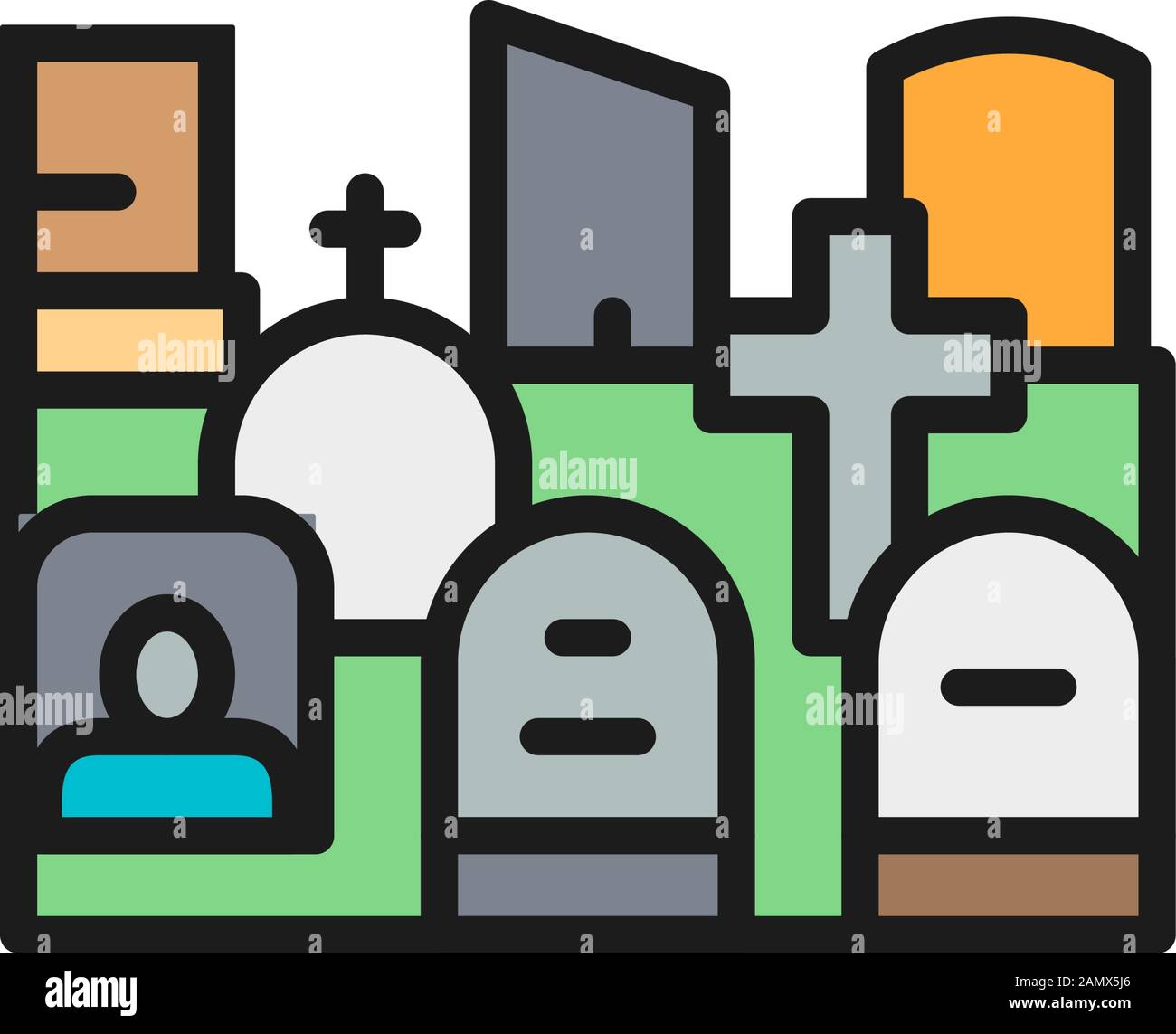 Vector cemetery, tombstones, gravestones, grave flat color line icon ...