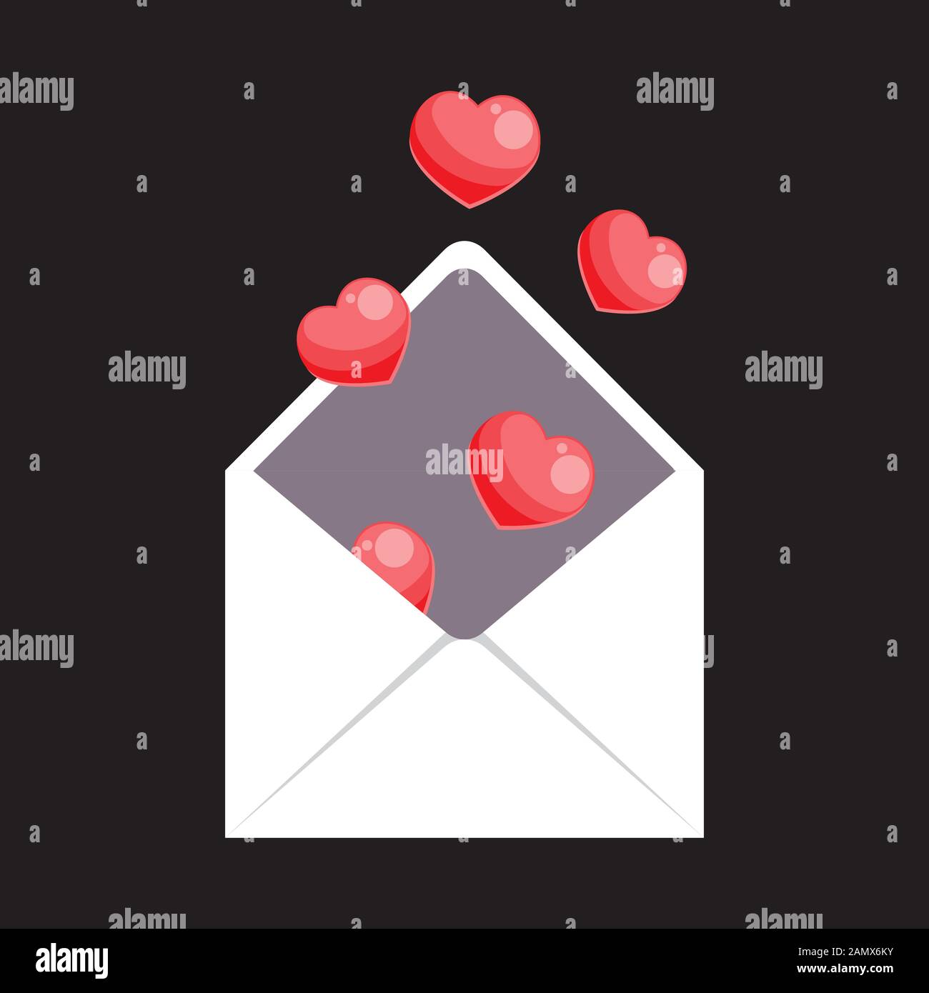 An open envelope with hearts flying out of it on a black isolated ...