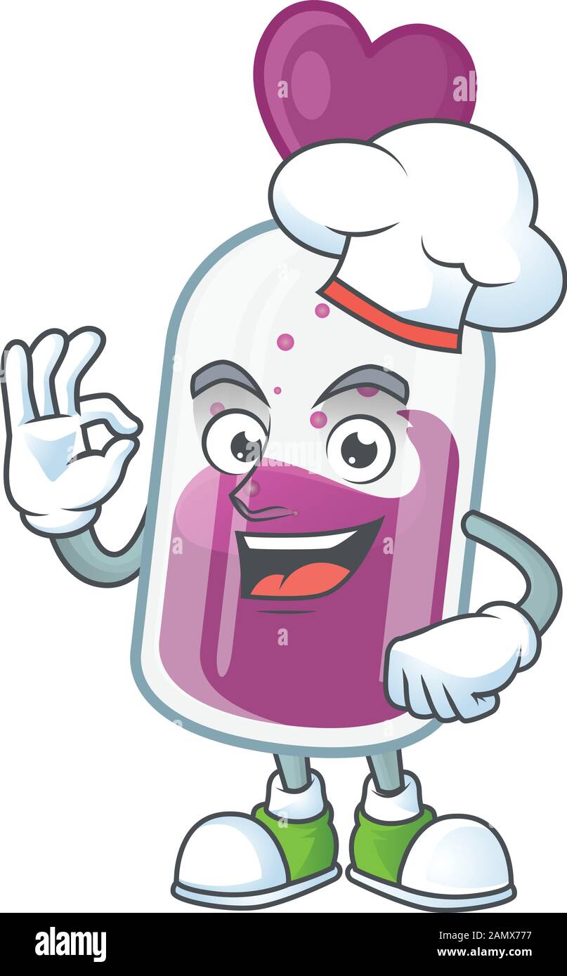 Purple potion cartoon character wearing costume of chef and white hat ...