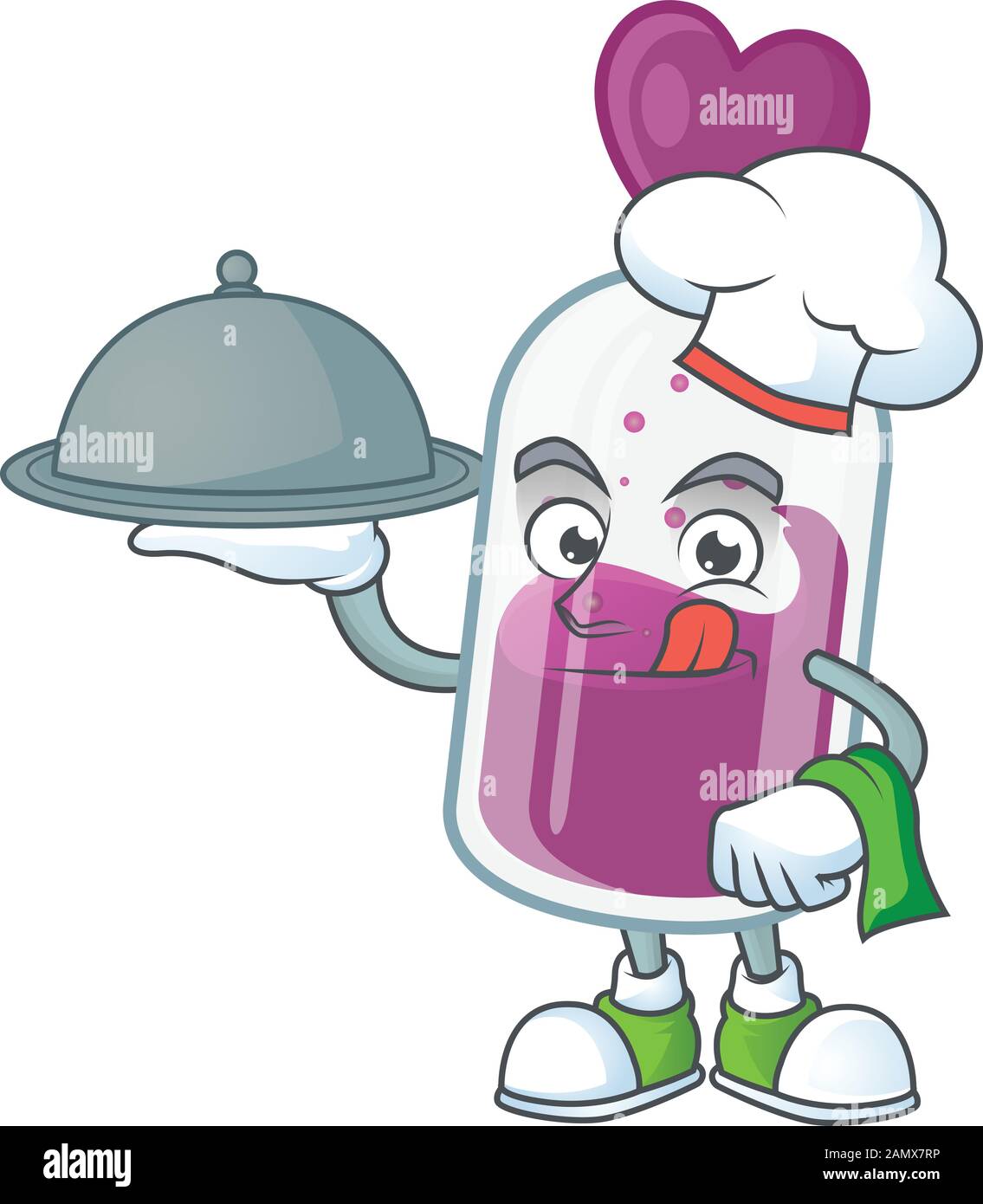 cartoon design of purple potion as a Chef having food on tray Stock ...