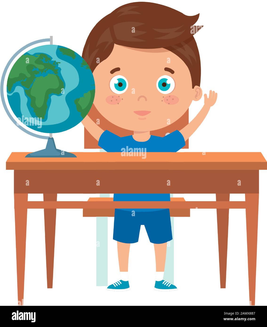student boy sitting in school desk on white background Stock Vector ...