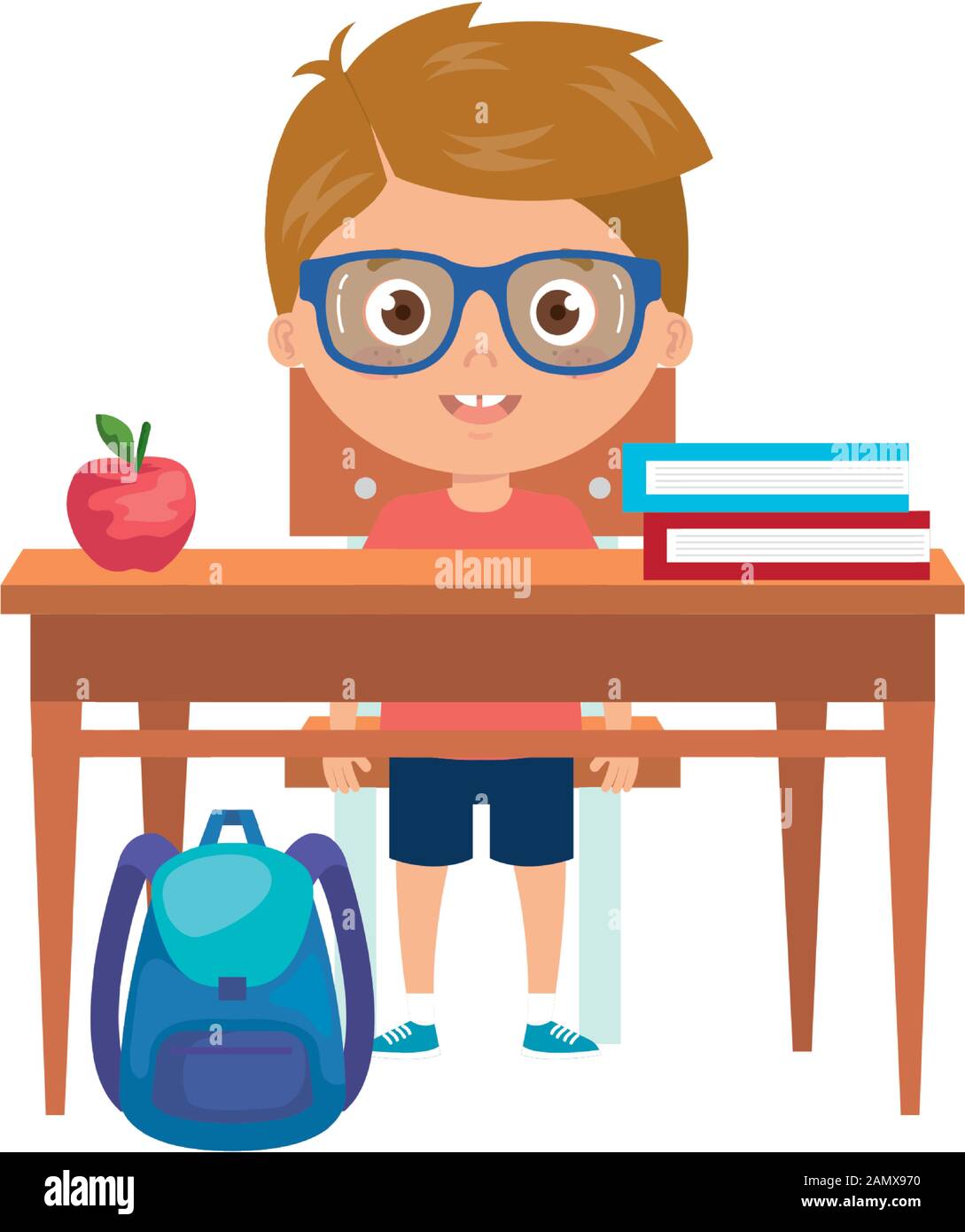 student boy sitting in school desk on white background Stock Vector ...