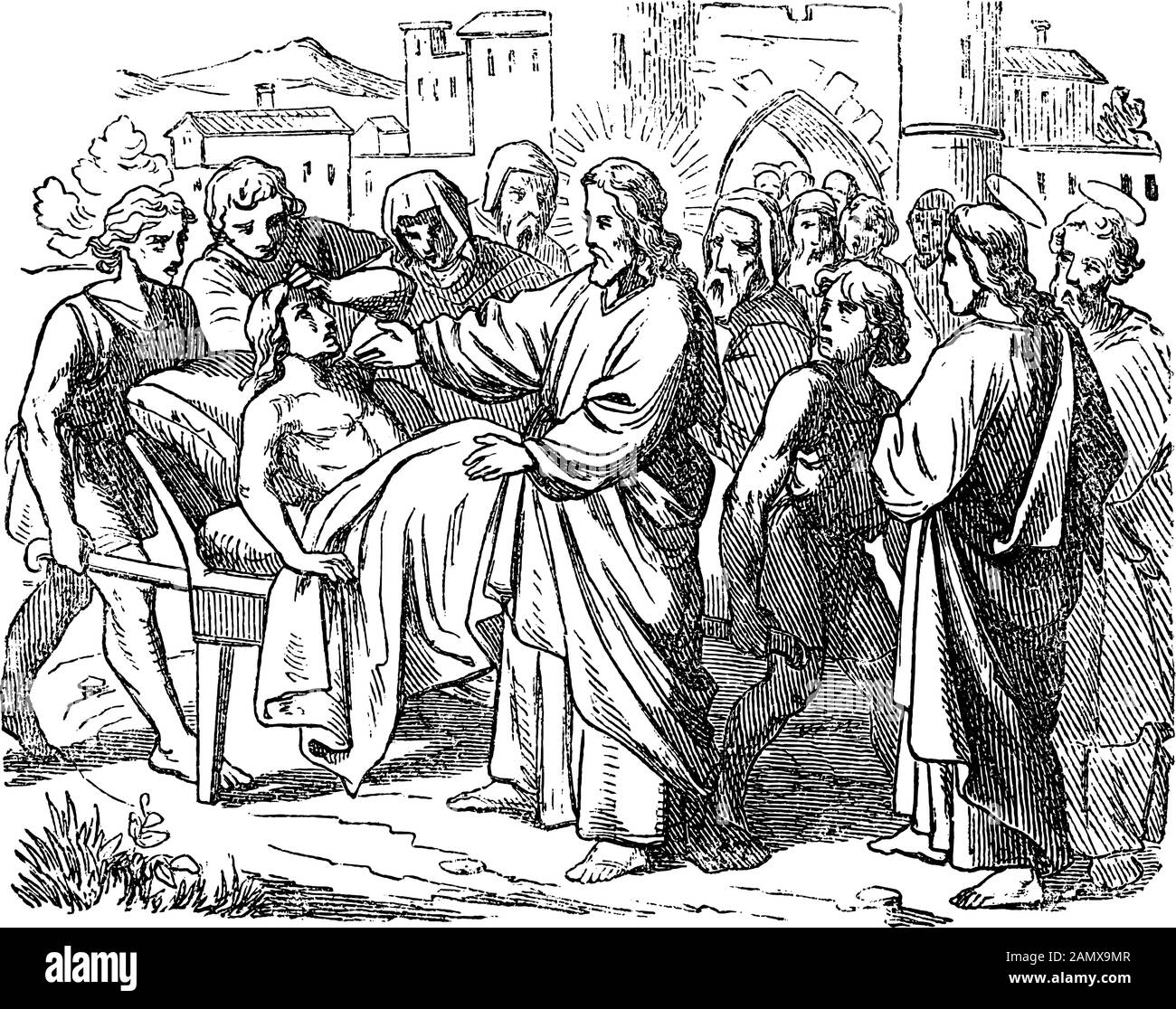 Vintage drawing or engraving of biblical story of Jesus raises a dead ...