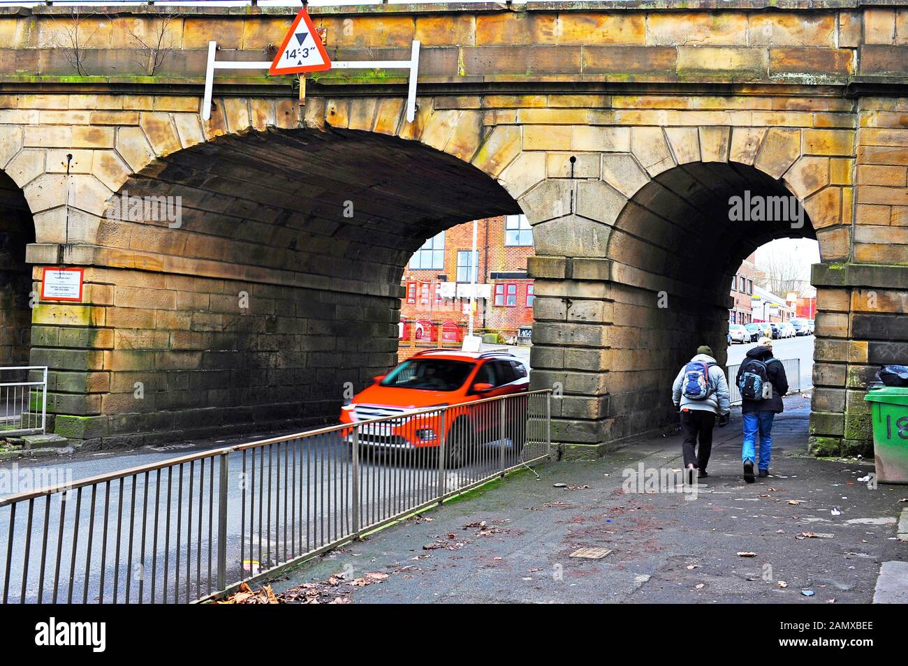 Road traffic traveling under Fylde Road railway bridge,Preston Stock ...