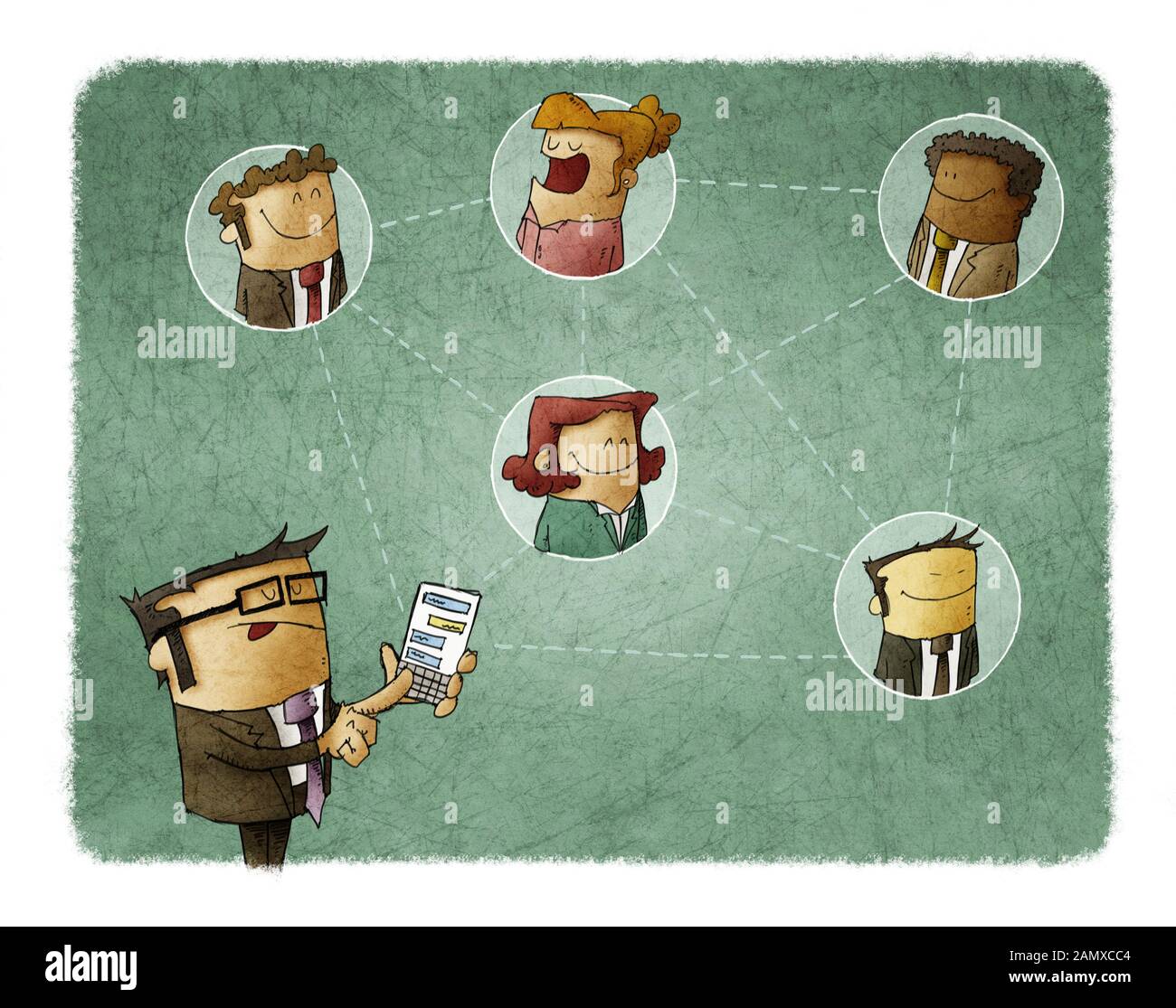 Businessman connects with other people through his smartphone ...