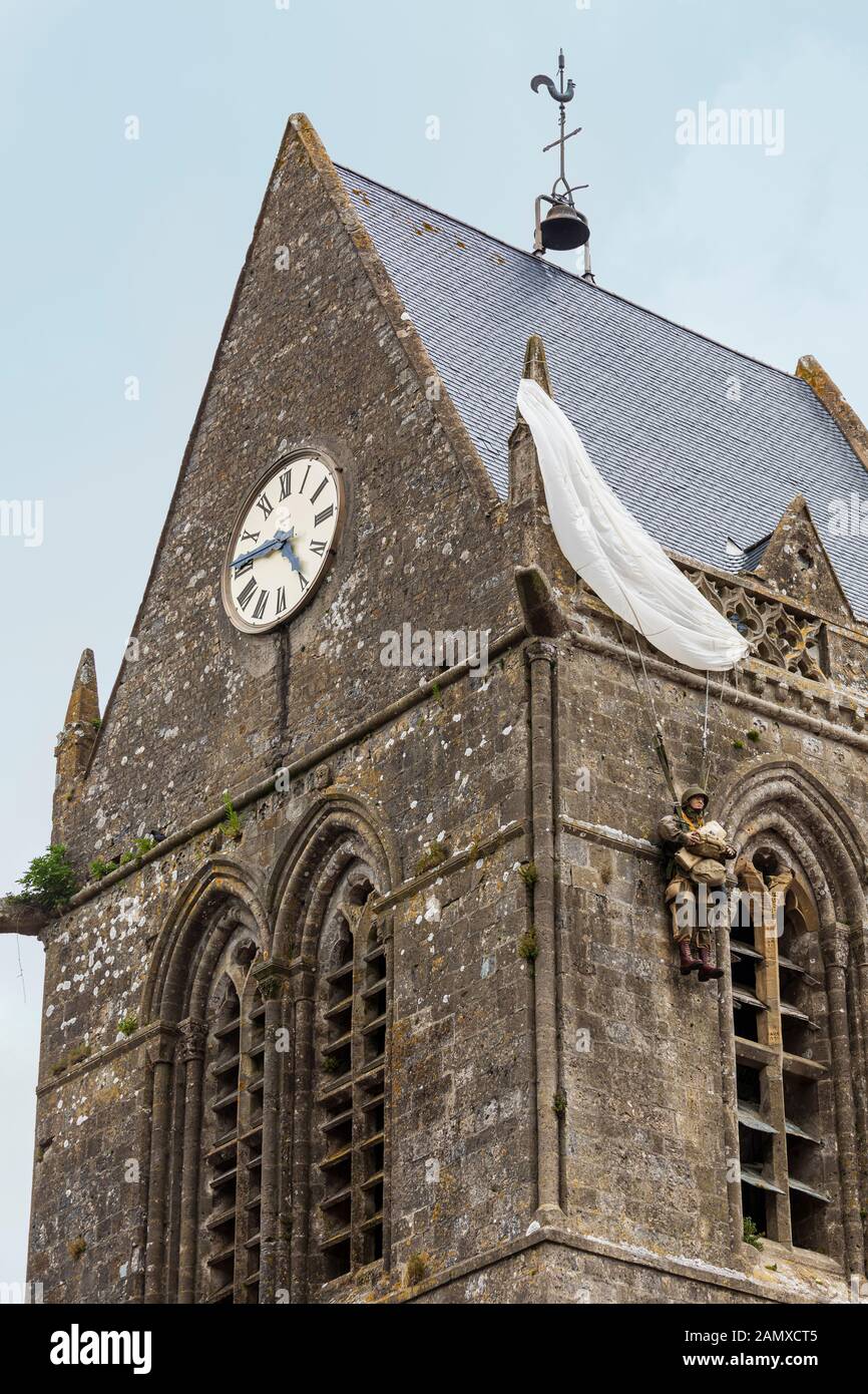Dummy of paratrooper John Steele who got stuck on the top of the church ...