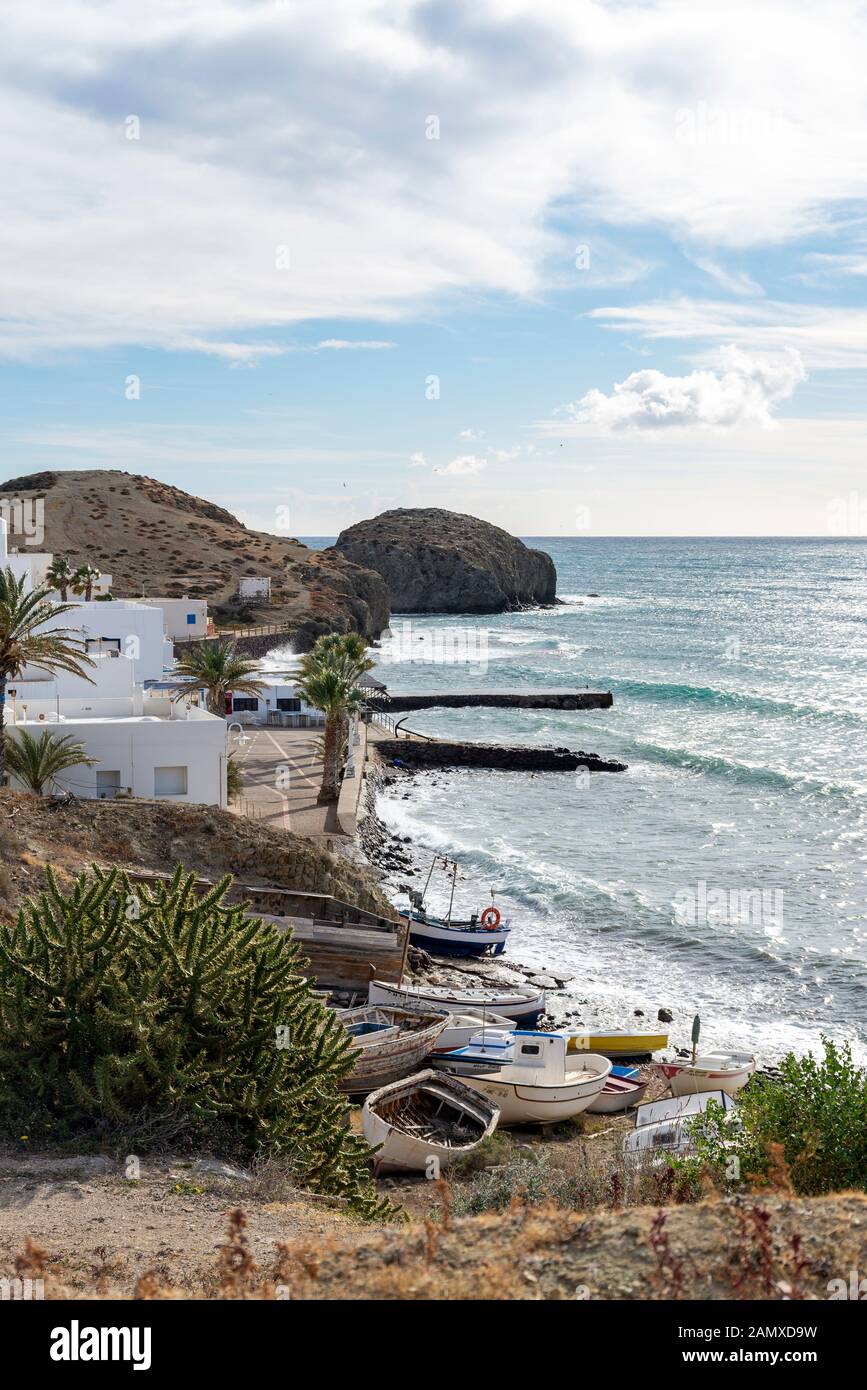 The small fishing harbour at Isleta del Moro, Cabo de Gata, Spain Stock ...