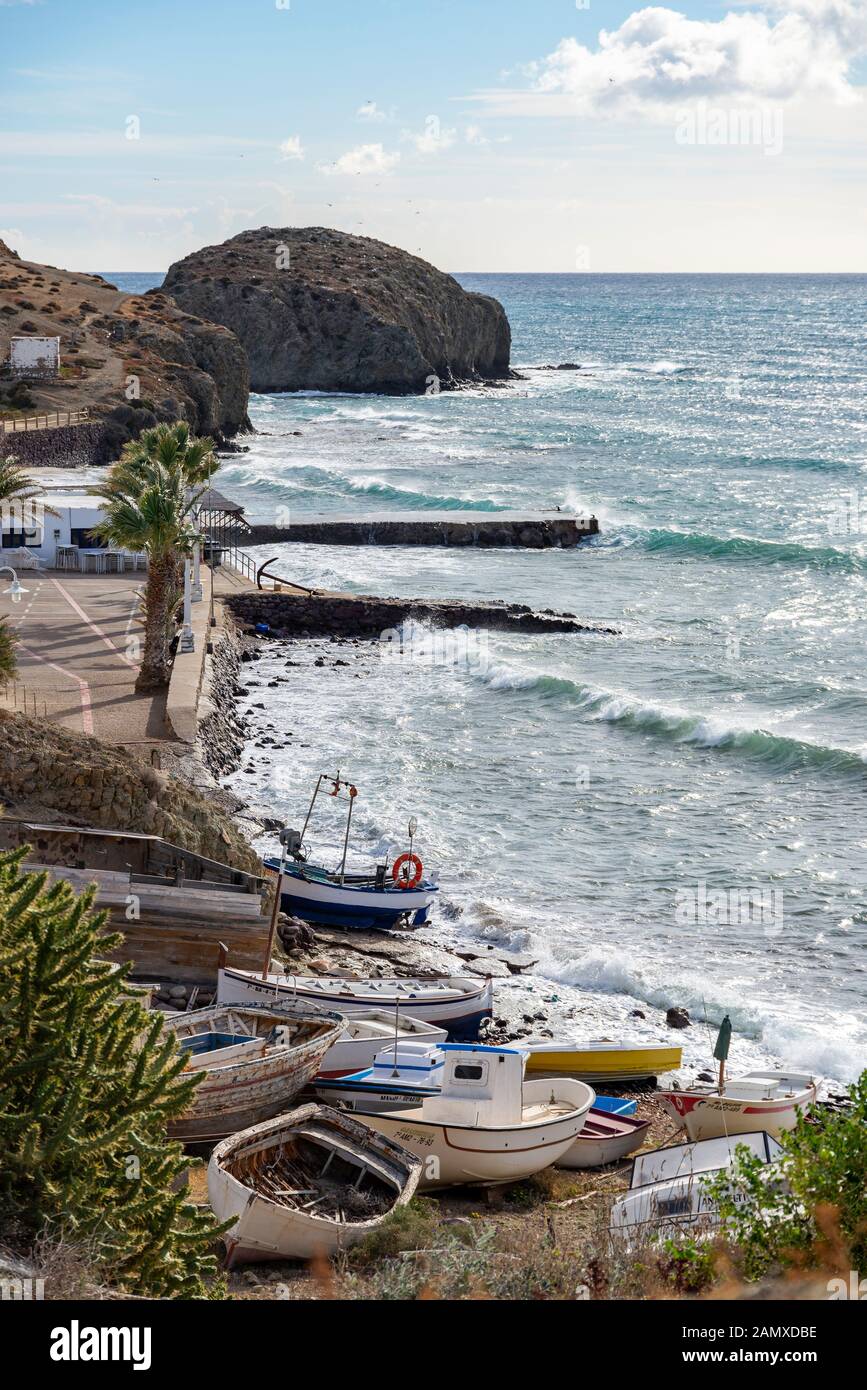 The small fishing harbour at Isleta del Moro, Cabo de Gata, Spain Stock ...