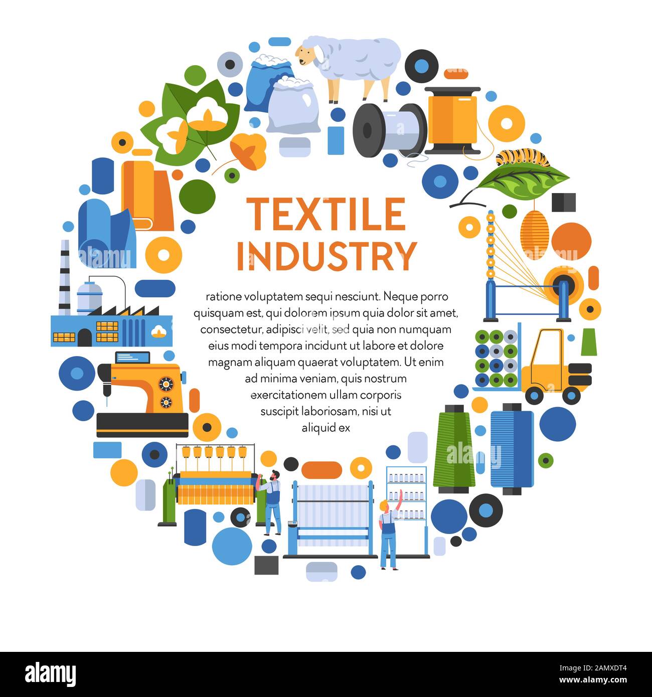 Textile industry banner with icons set in circle framing text Stock ...
