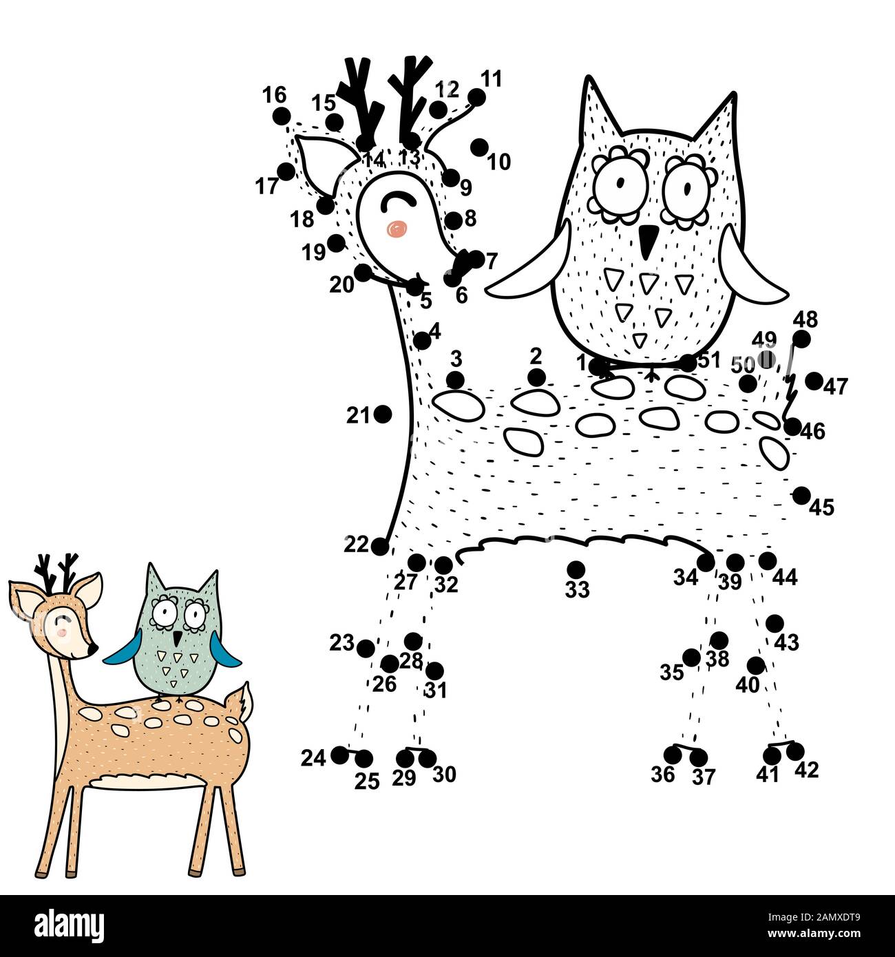 Dot to dot game for kids. Connect the digits and draw funny deer and ...