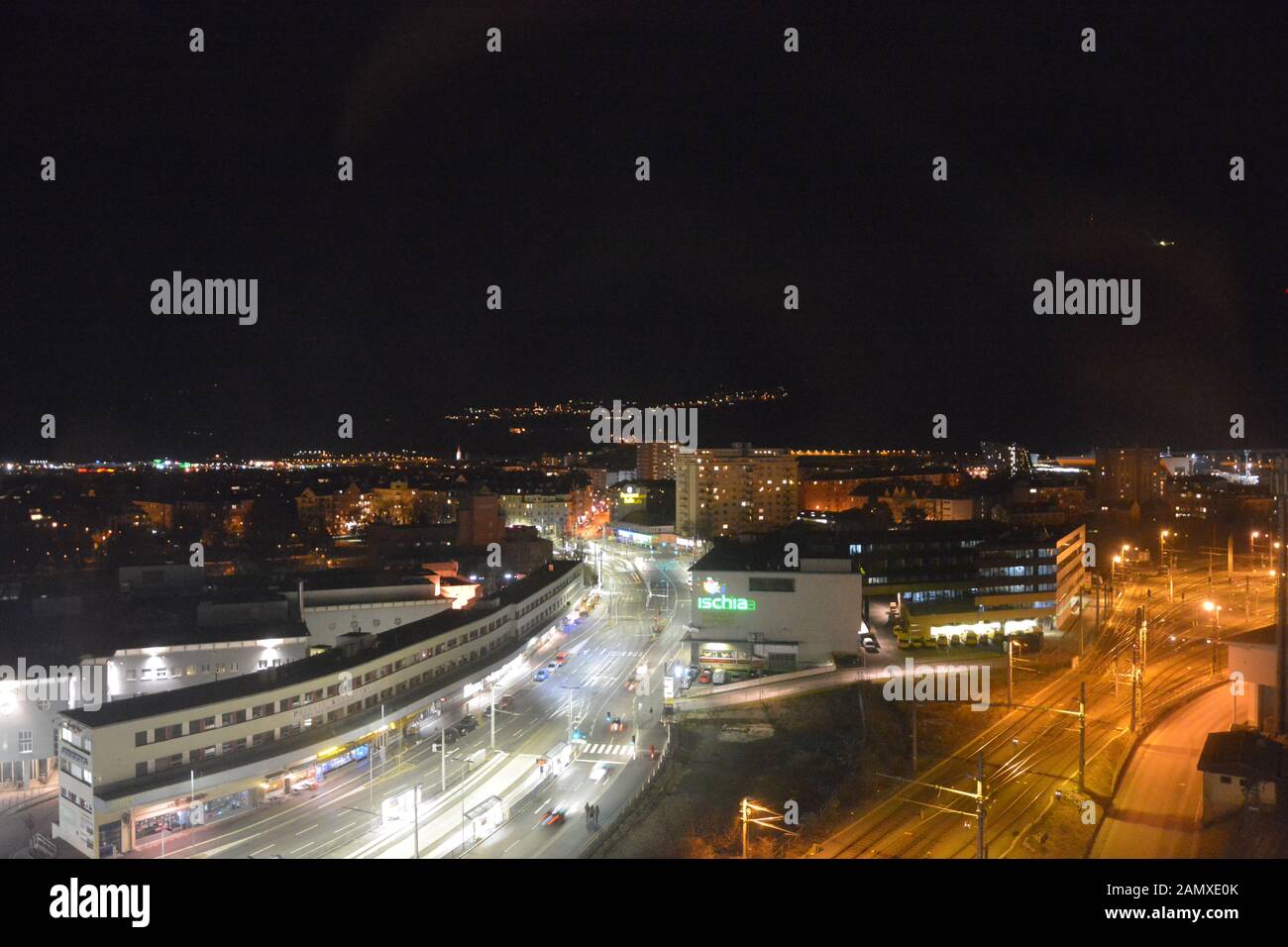 Night view of the area behind the Innsbruck main train station Stock ...