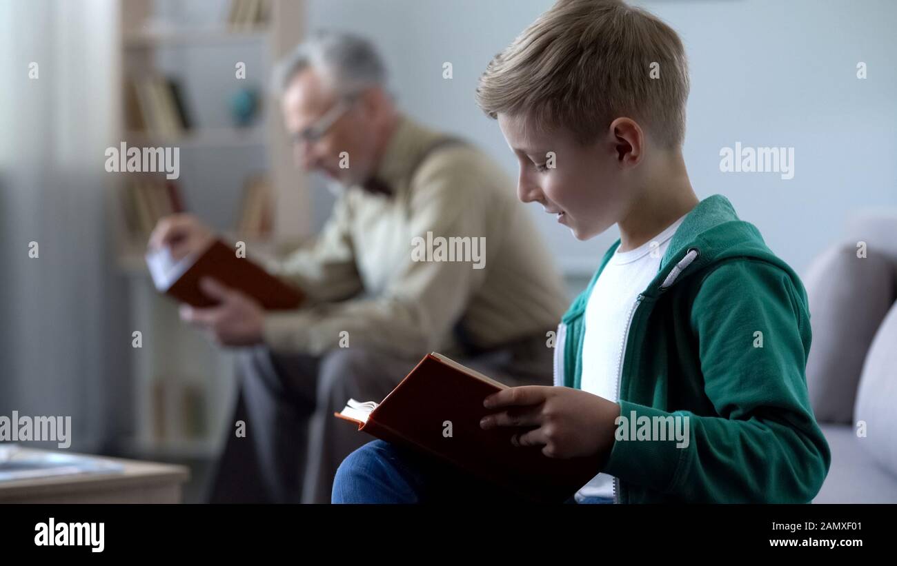 Smart boy and old man reading books, affordable education for different ...