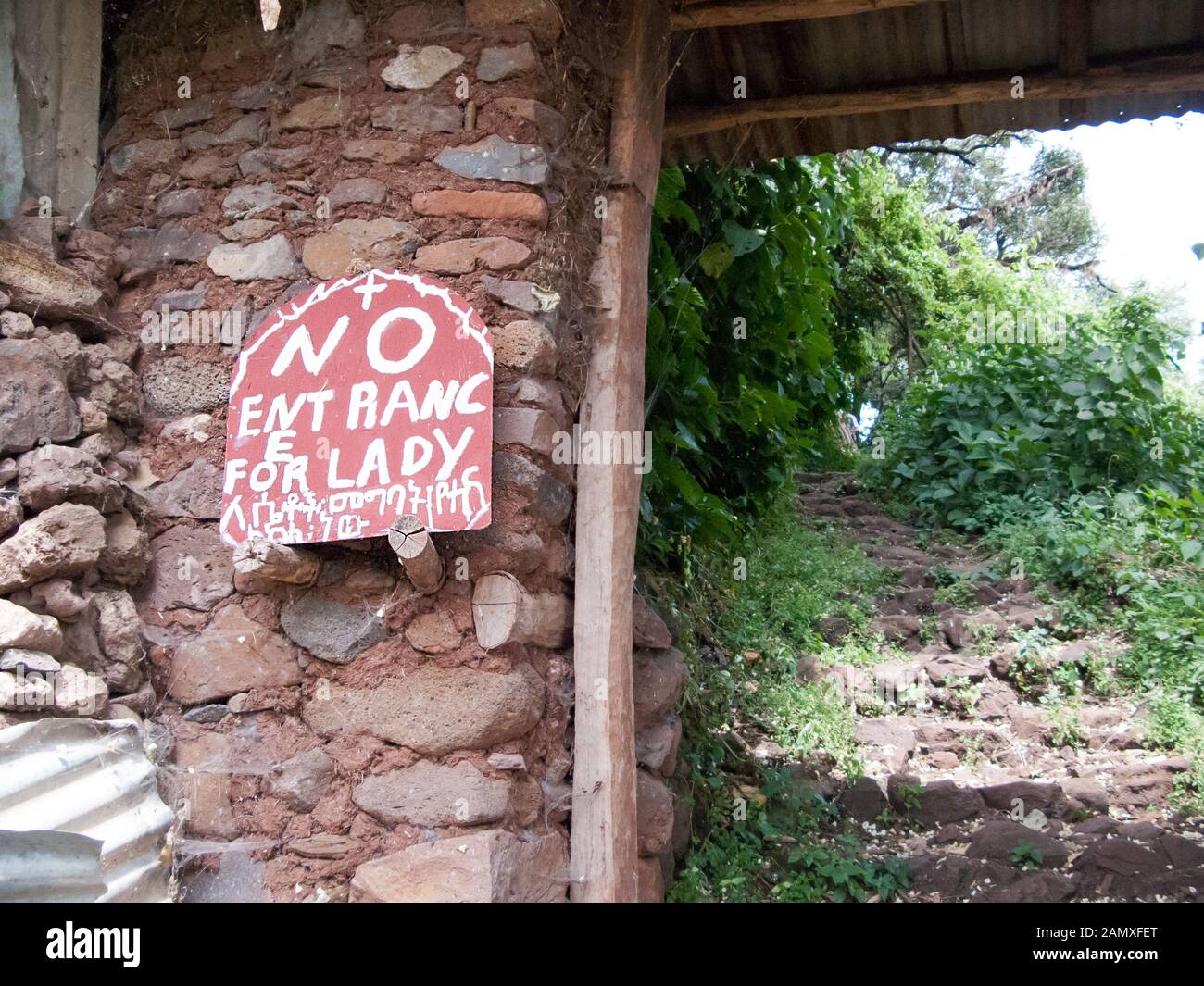 Sign by the entrance to Kebran Gabriel monastery, Kebran Gabriel Island ...