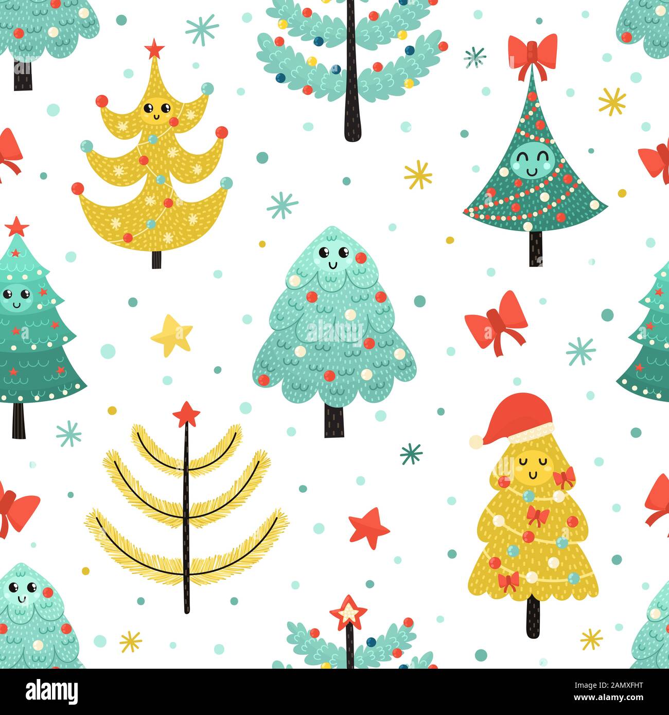Happy Christmas trees seamless pattern. Funny background Stock Vector ...