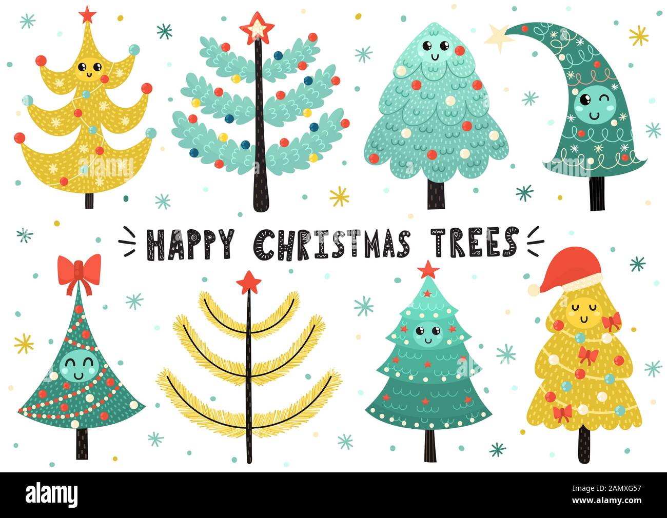 Happy Christmas trees collection. Cute isolated elements Stock Vector ...
