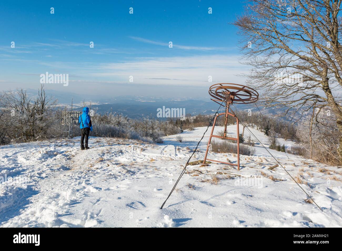 Spectacular winter panorama above froyen karst lake Stock Photo - Alamy