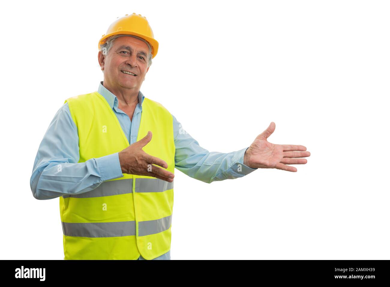 Old construction man worker with trustworthy expression presenting ...