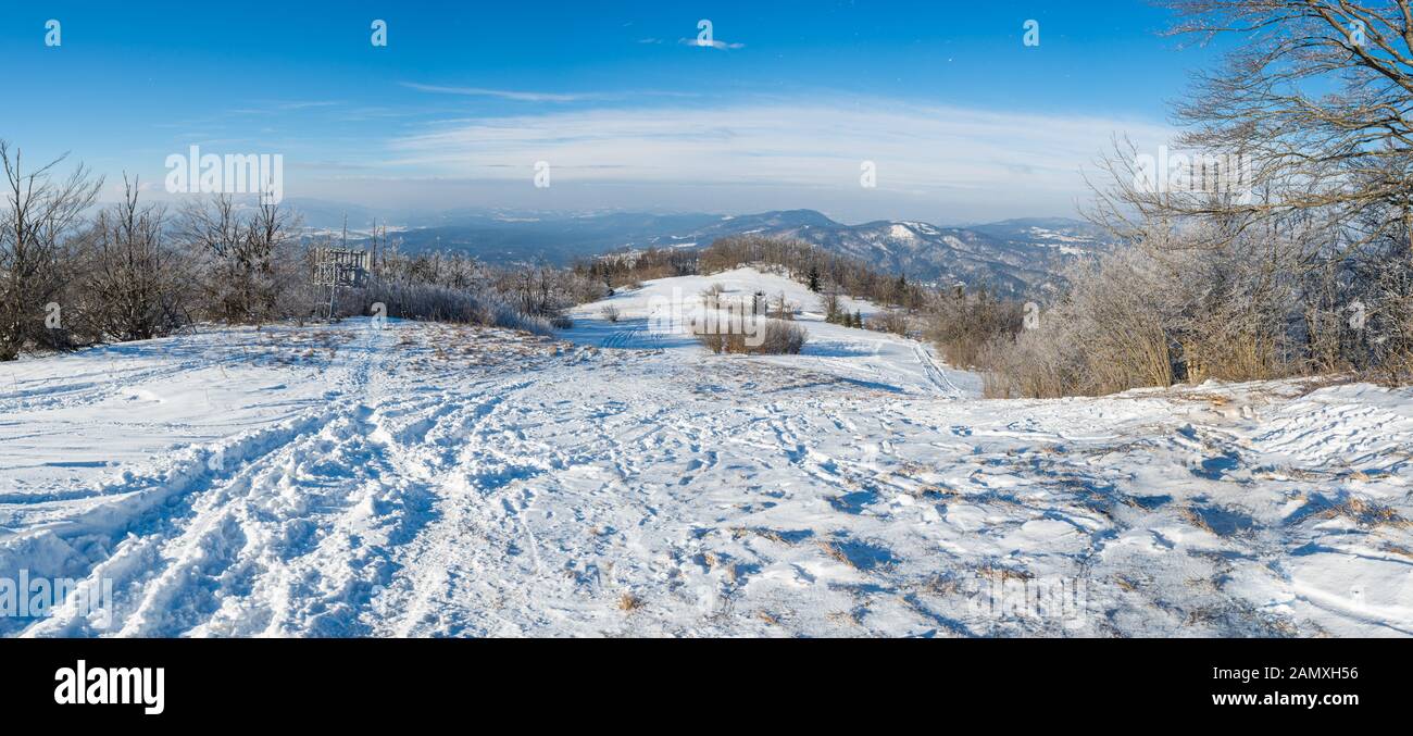 Spectacular winter panorama above froyen karst lake Stock Photo - Alamy