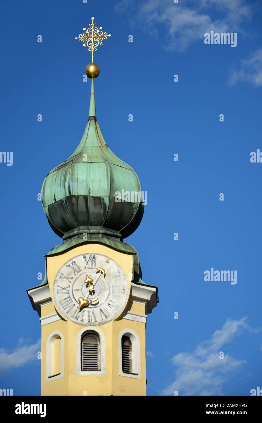 Bell tower with clock, Antoniuskirche / church of St Anthony in Lienz ...