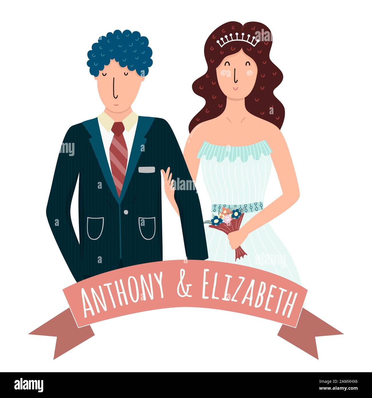 Bride and groom vector illustration with ribbon label Stock Vector ...