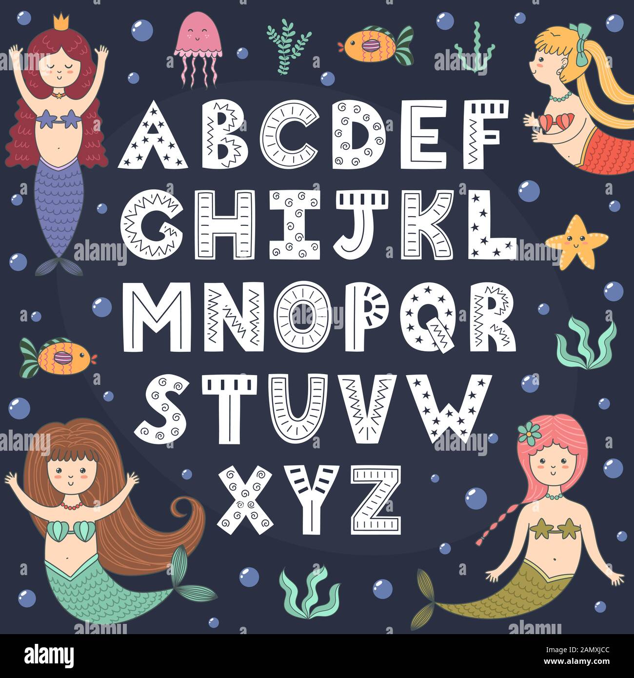 Alphabet poster with cute mermaids. Wall Art for kids Stock Vector ...