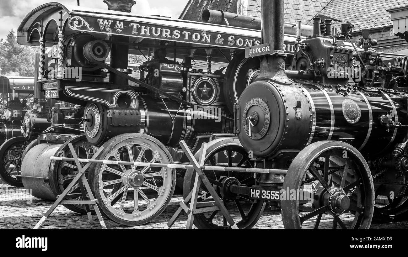 Black and white close up, vintage UK steam traction engines preserved ...