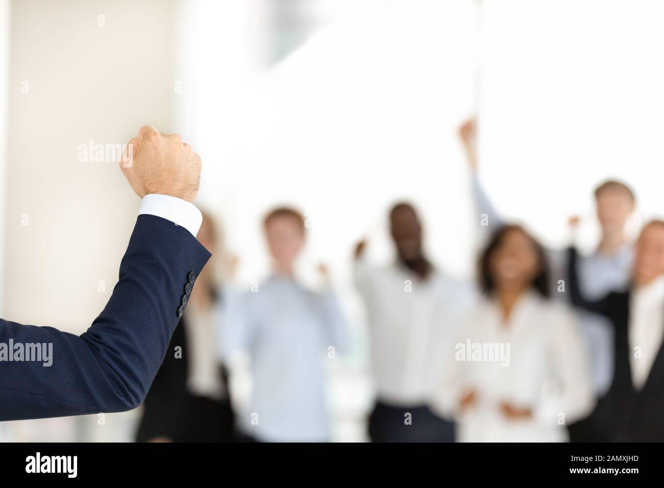 Successful team leader make speech unifying excited colleagues Stock ...