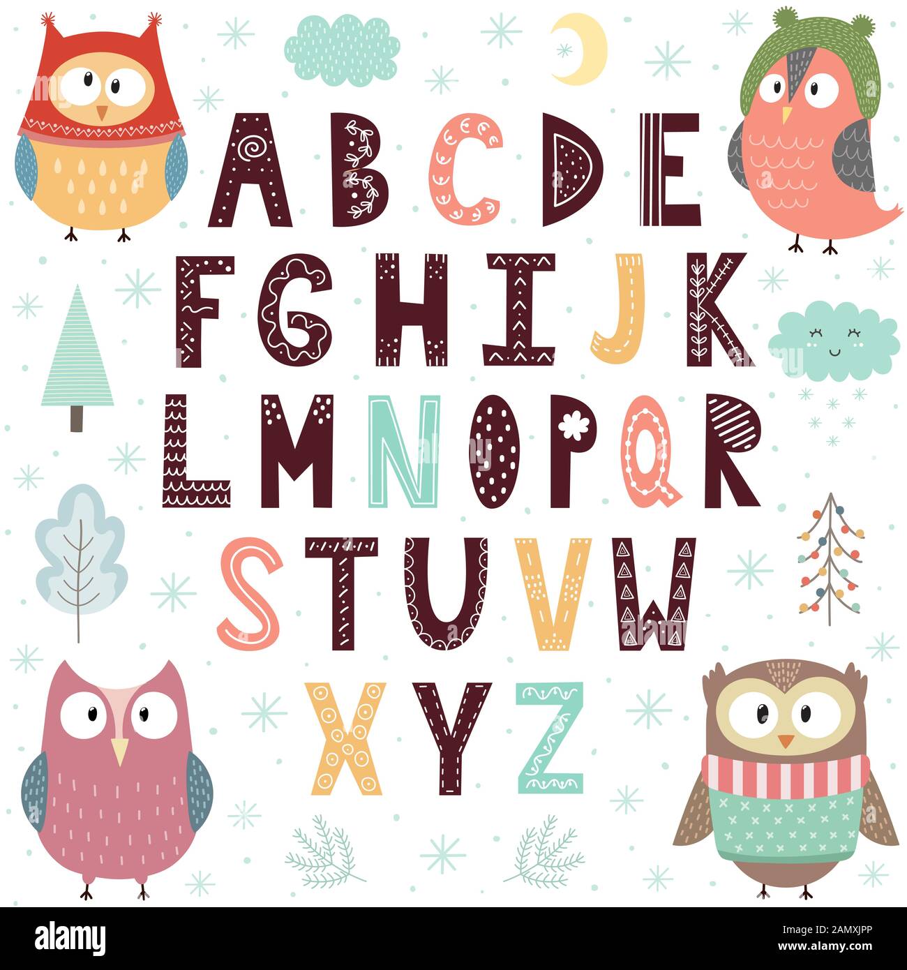 Alphabet with cute owls for children. Educational poster Stock Vector ...