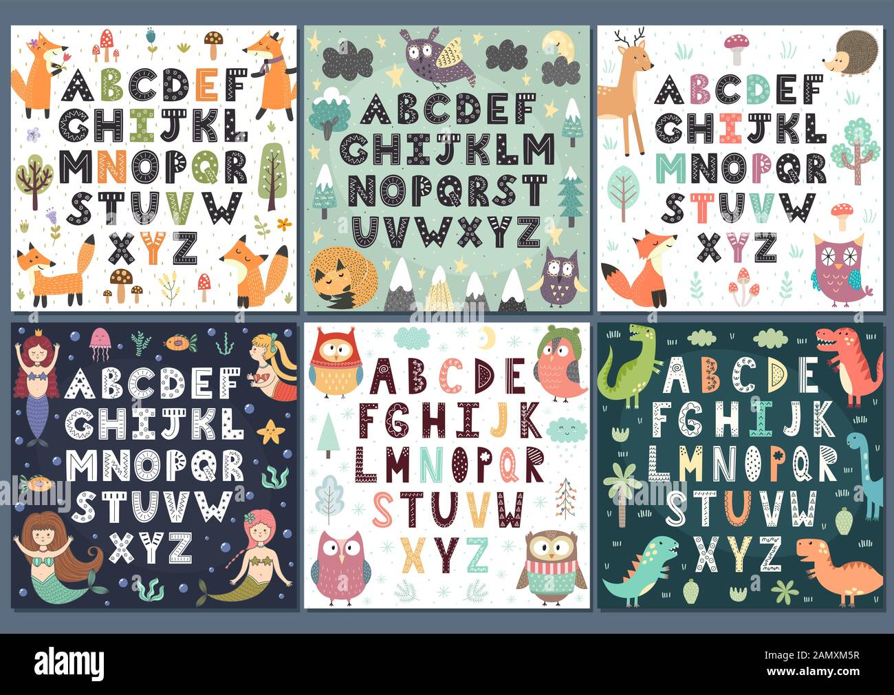 Alphabets collection with cute characters. Wall Art for kids Stock ...