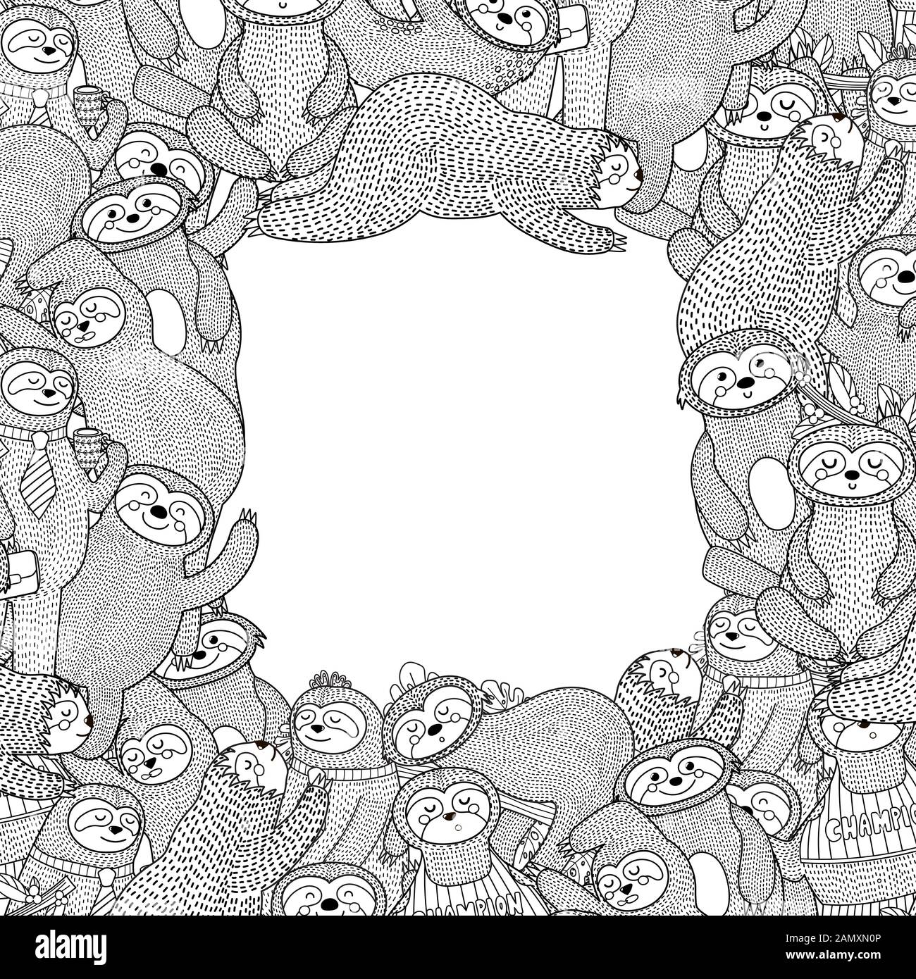 Black and white frame with funny sloths. Coloring page style Stock ...