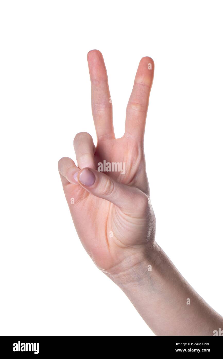 Woman hand showing victory sign isolated on white background Stock ...