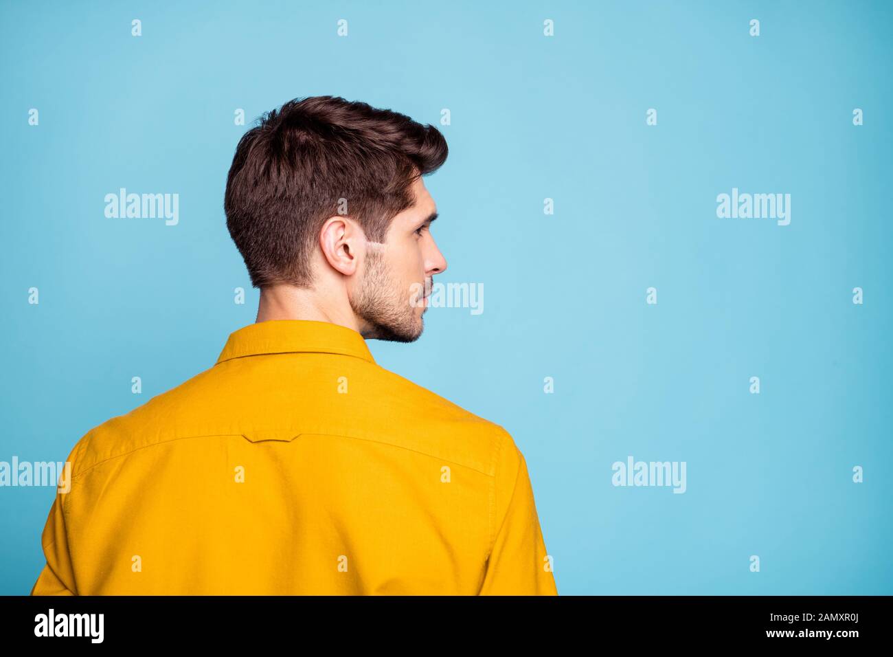 Rear behind view photo of brunette business guy standing turned back ...