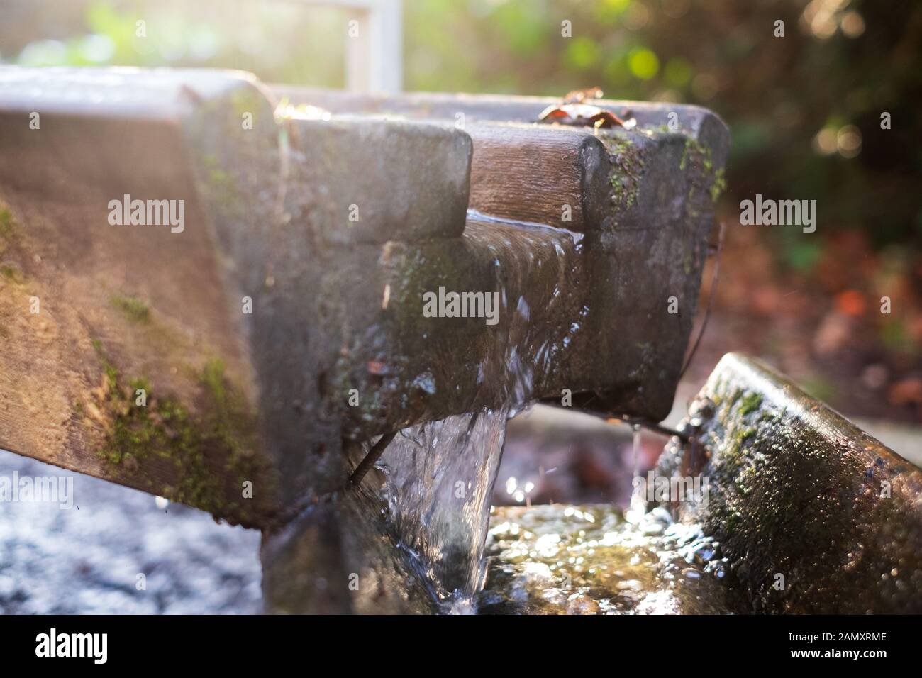 Water spring with wooden channel. Close up view on clean water stream ...