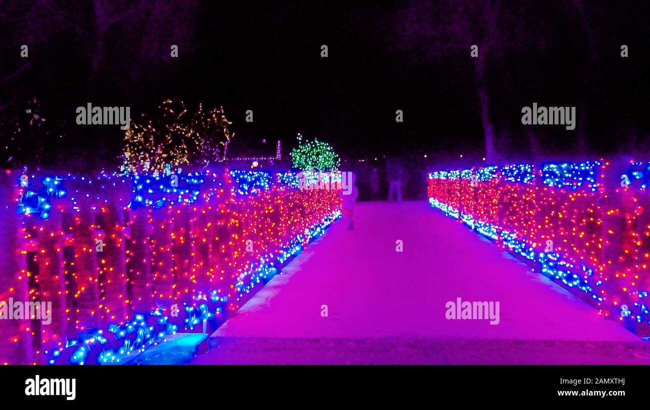 Wooden bridge decorated with red and blue Christmas lights Stock Photo ...