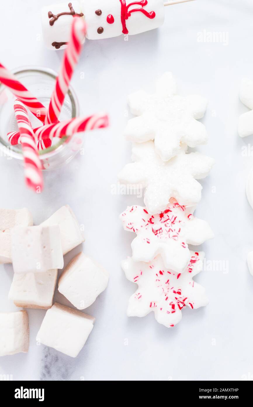 Close up view. Variety of marshmallow toppings with peppermint for hot ...