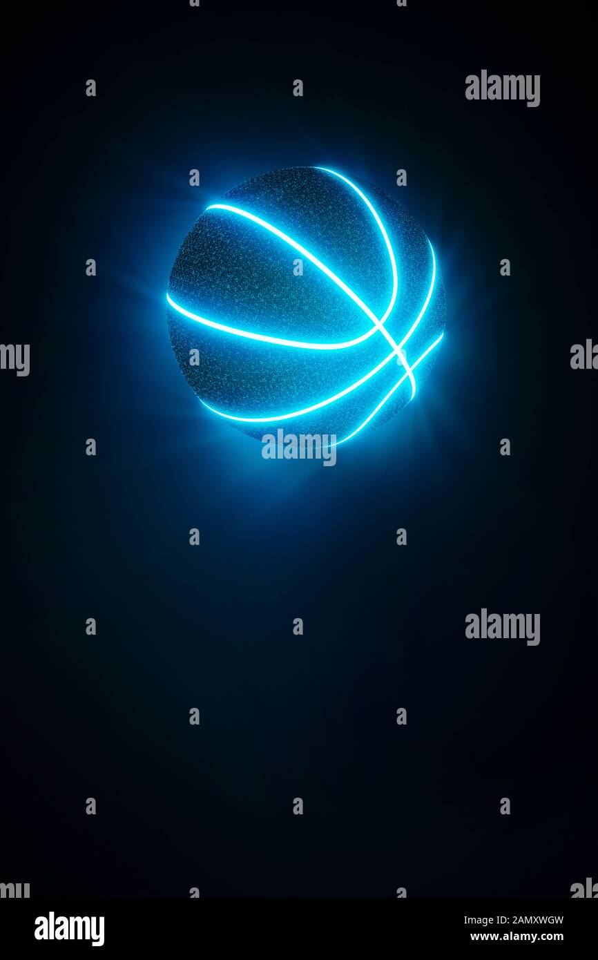 3D Rendering of creative basketball with glowing blue neon seams on a ...