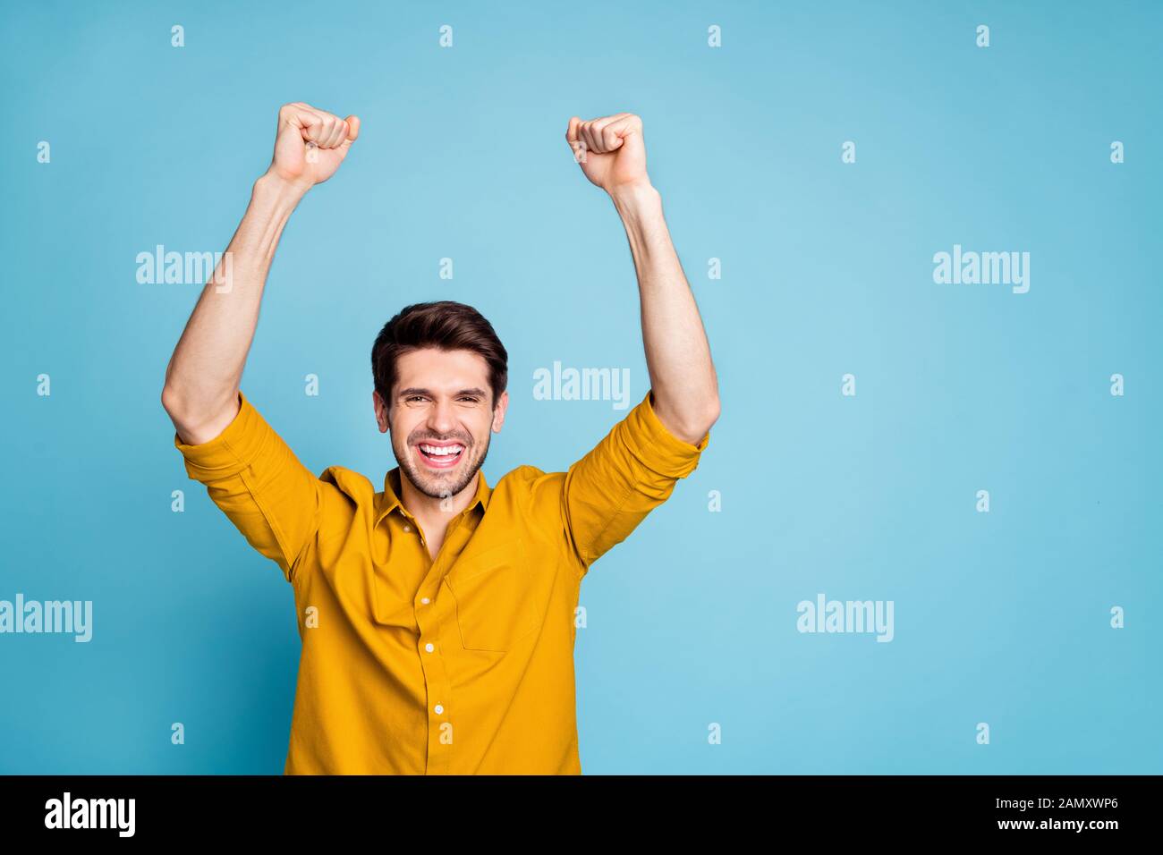 Photo of rejoicing cheerful handsome guy having won competitions ...
