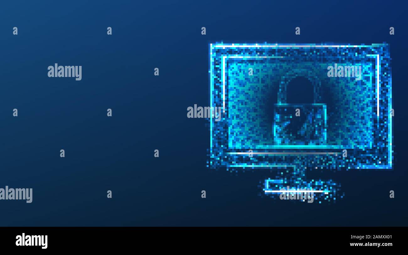 Data Protect. Lock on computer monitor screen. Abstract Low Poly ...
