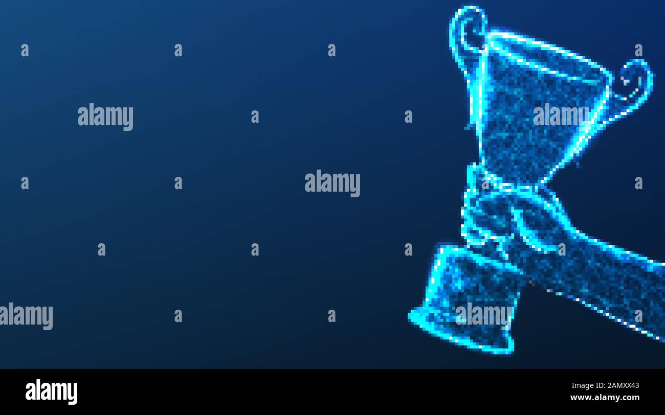 Hand with Trophy cup. Champions award, sport victory concept ...