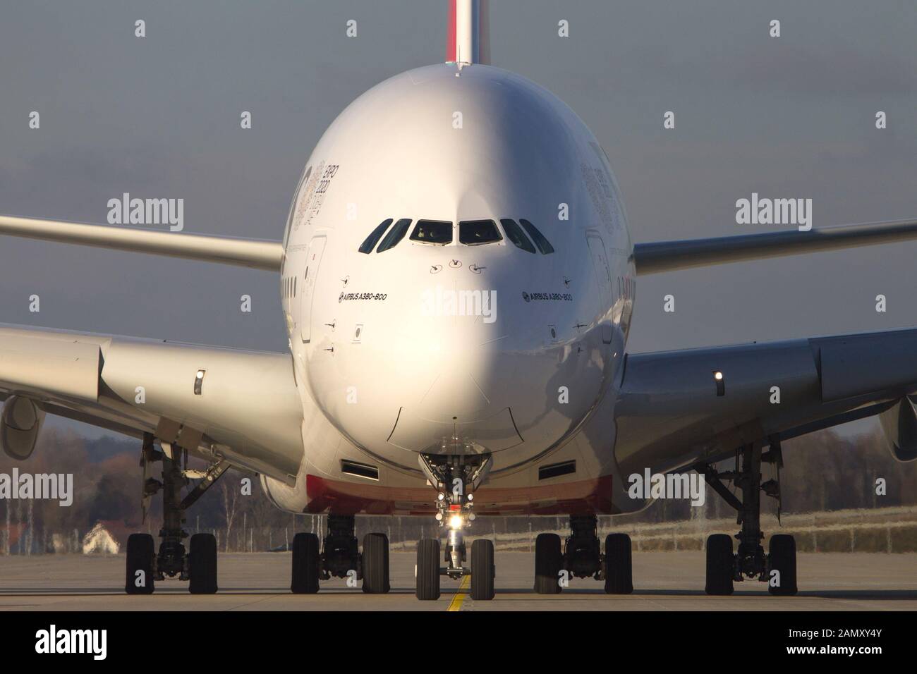 Munich, Germany - January 6, 2018: Emirates Airbus A380 airplane tail ...