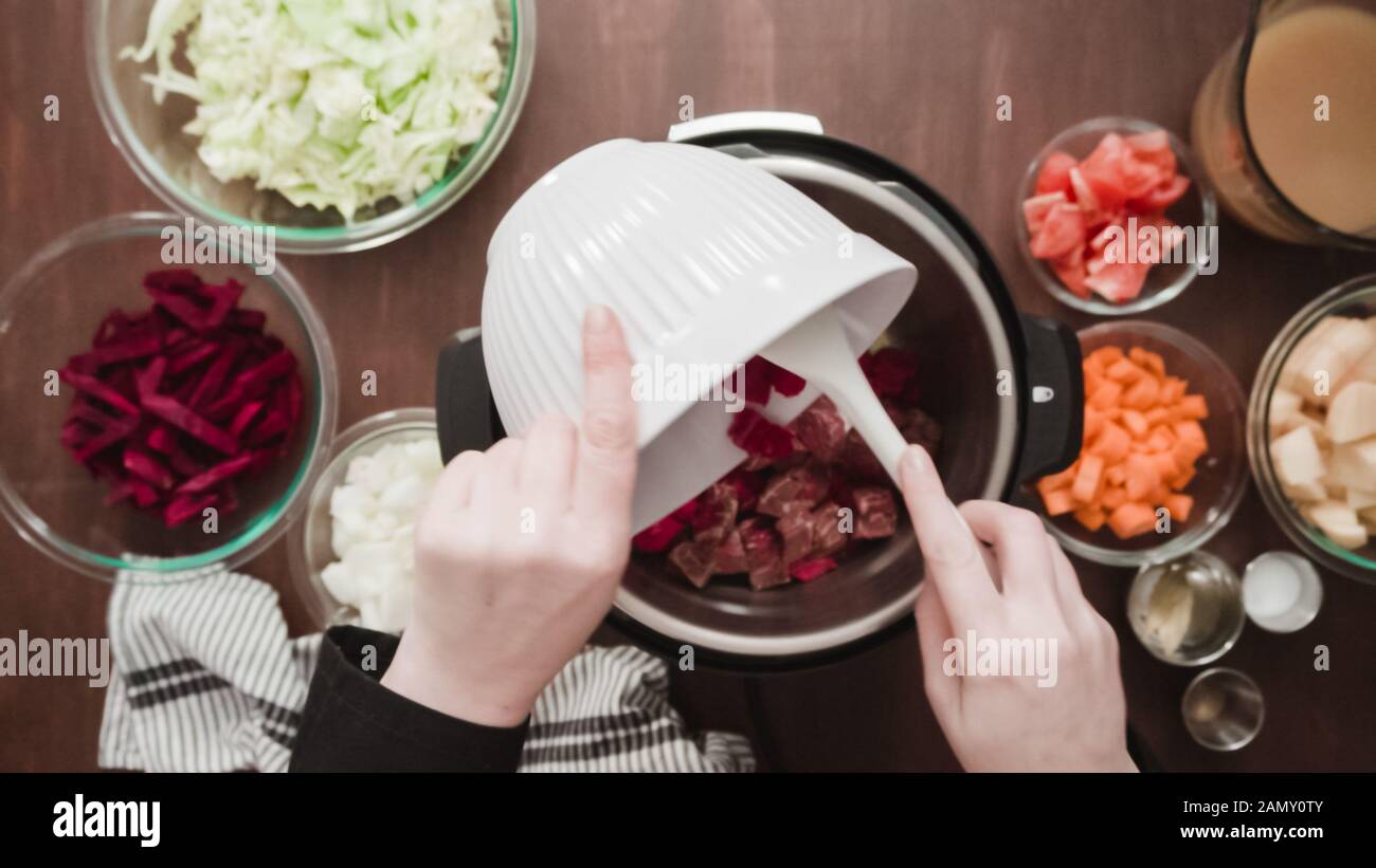 Step by step. Flat lay. Cooking beet soup, borscht with organic ...