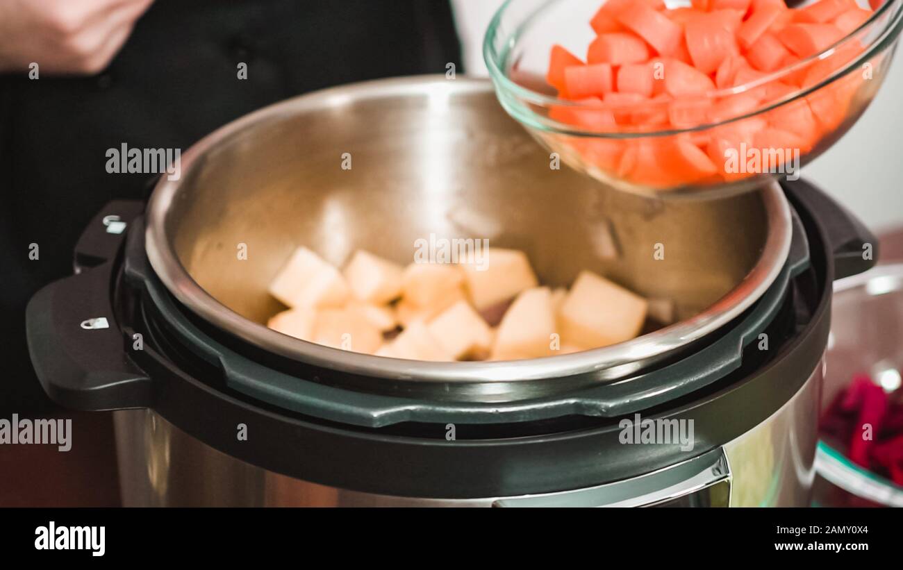 Step by step. Cooking beet soup, borscht with organic vegetables in ...