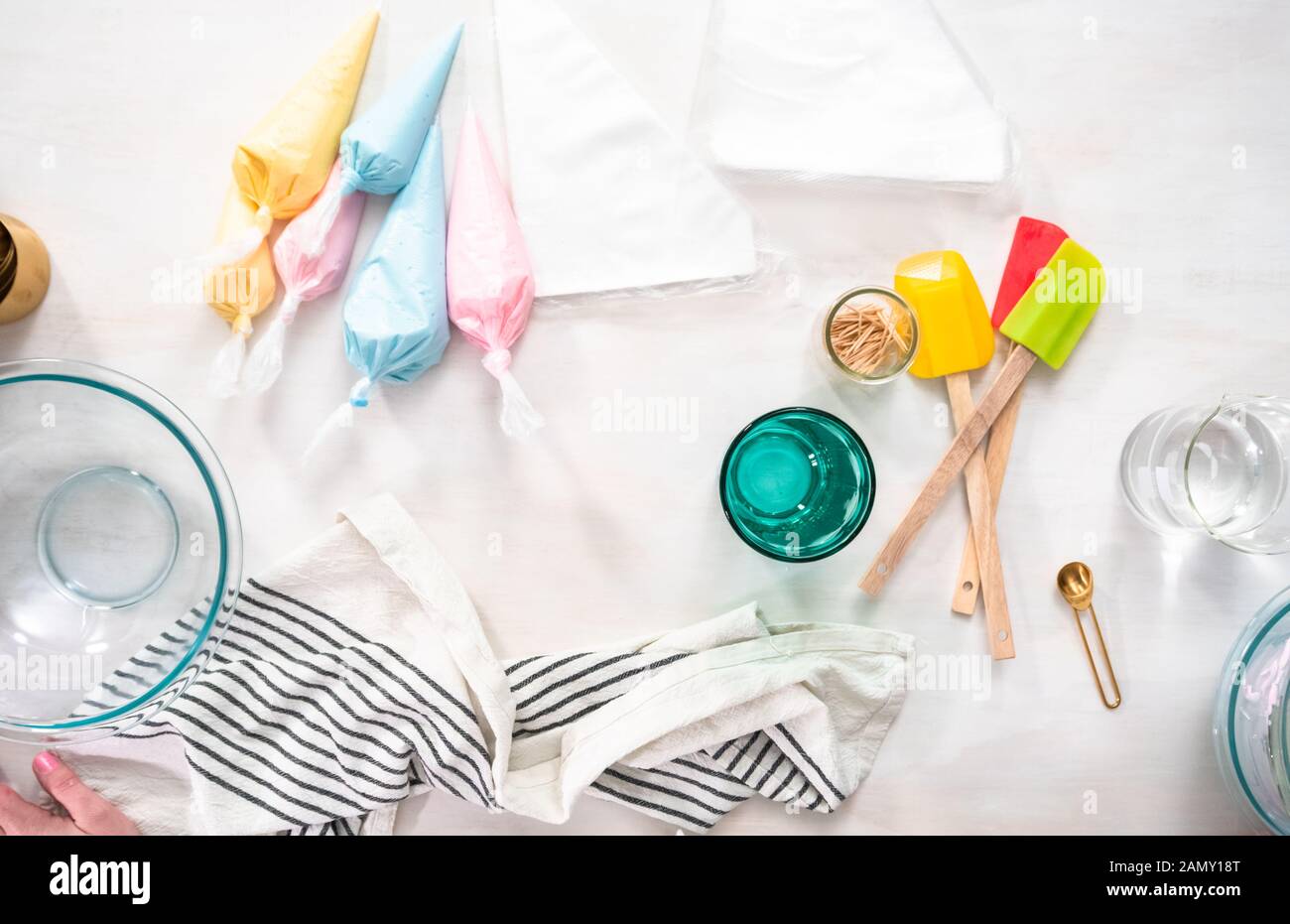 Flat lay. Making royal icing to decorate Easter sugar cookies Stock ...