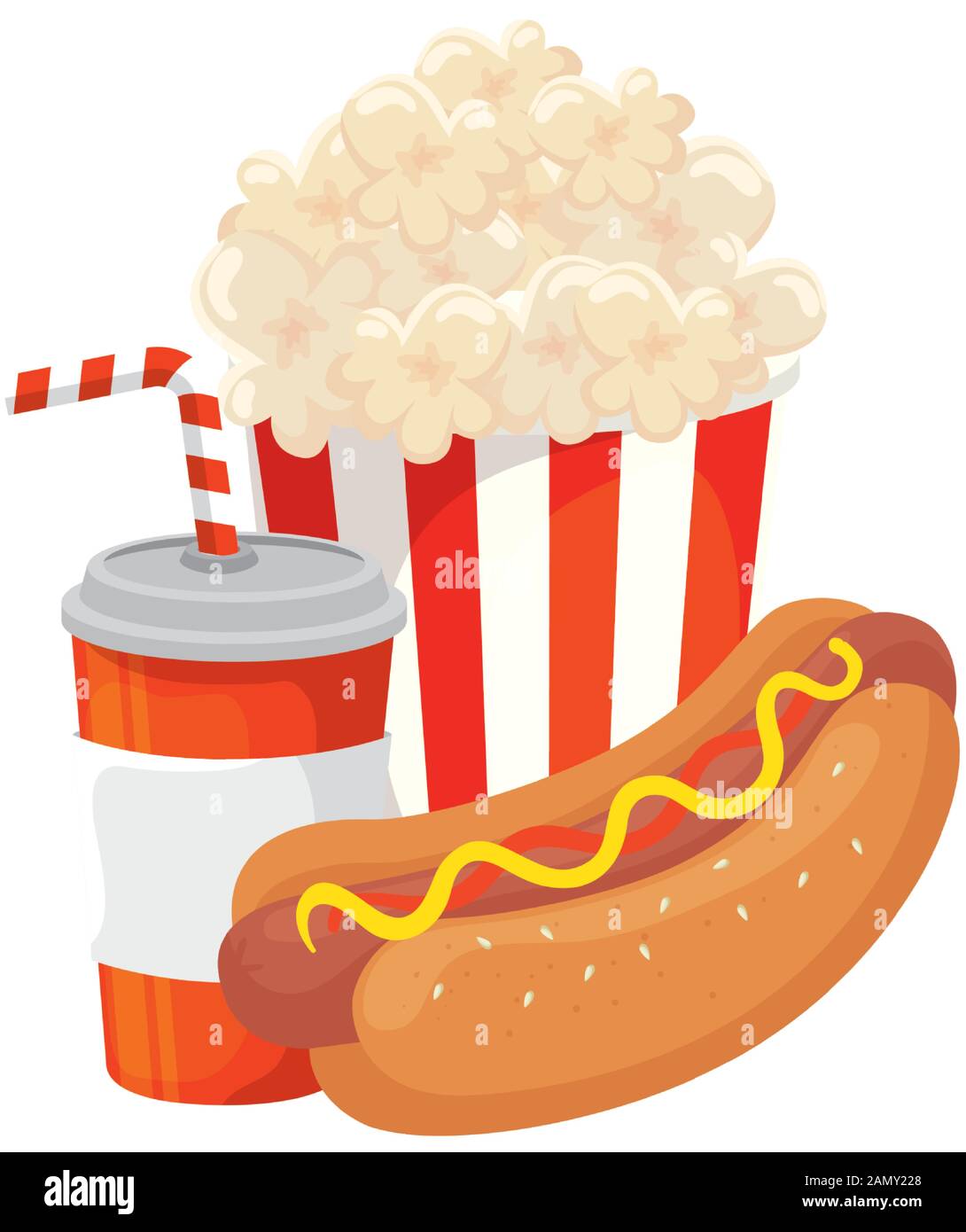 delicious hot dog with drink and popcorn fast food icon Stock Vector ...