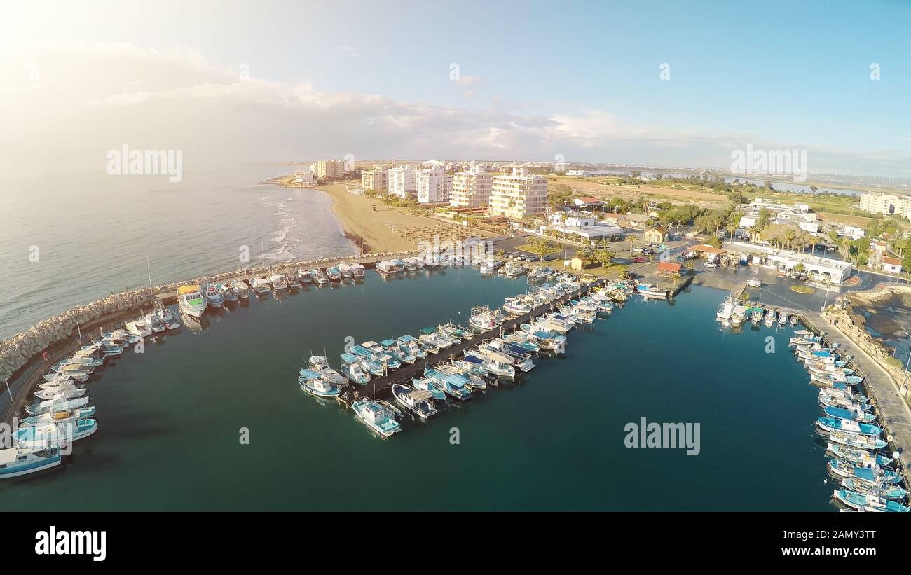 Aerial photo of Larnaca bay and fishermen boats in Cyprus panoramic ...