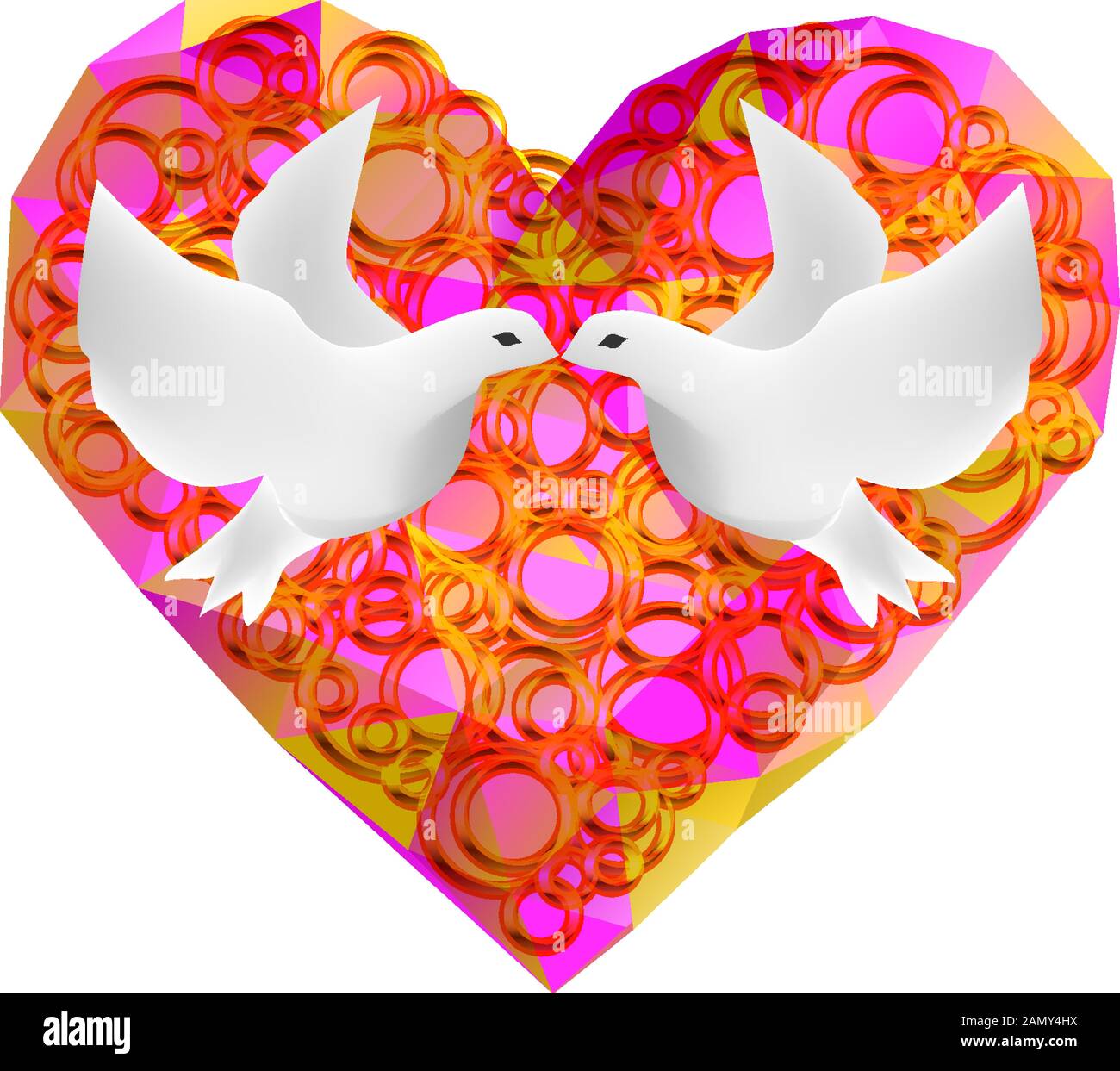 Pink heart of gold circles. Two pigeons. Valentines Day. Vector ...