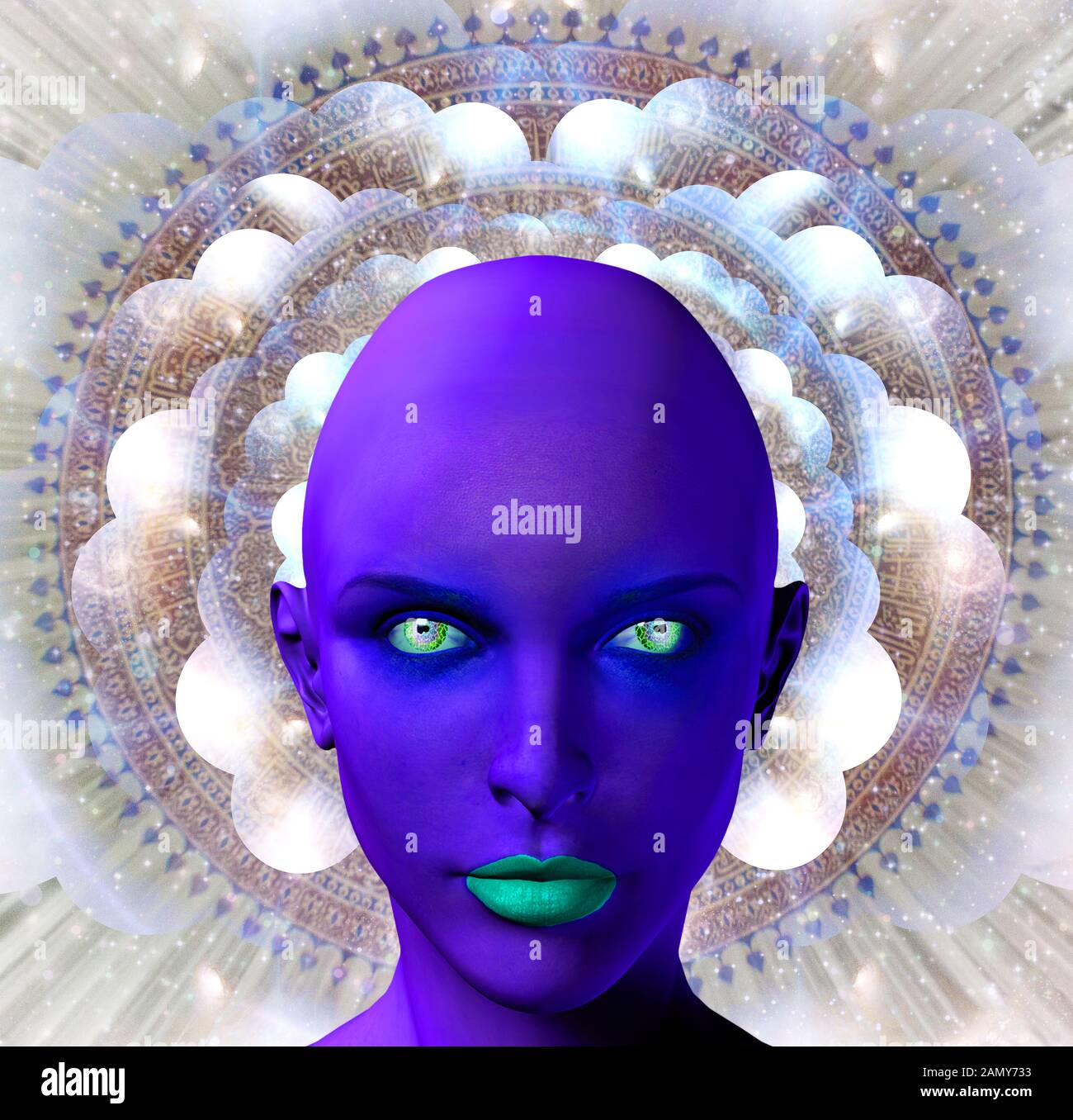Purple female alien face on a background with multi-layered spaces and ...