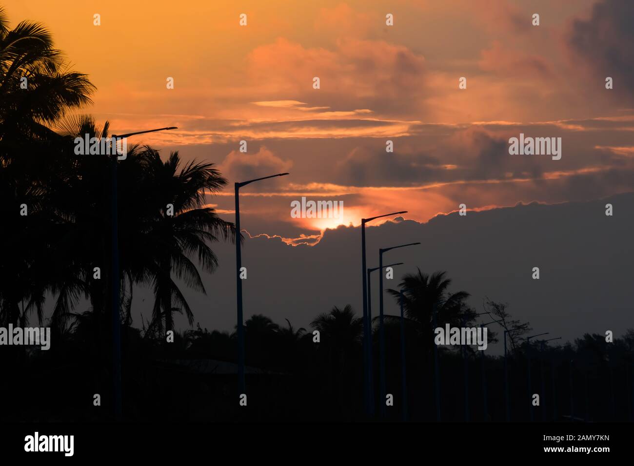 Setting sun. Sunset Sundown. Evening sky. Disappearance of Sun below ...