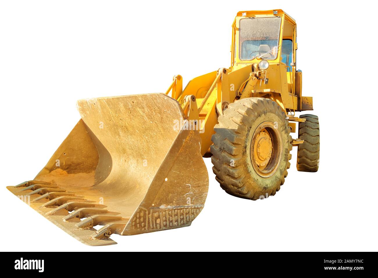 Side view of yellow excavator for building work in construction site ...